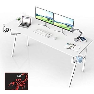 Eureka Ergonomic Computer Desk, 63 inch Large Study Gaming PC Desk for Home Office Long Wrting Table with Mouse Pad Headset Hook Cup Holder, K Shape Metal Frame - White