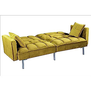 Container Furniture Direct Regal Convertible Sleeper Sofa Bed, Velvet Pull Out Couch with Mid-Century Style, Tufted Design and Metal Legs, Ideal for for Guests and Sleepovers, Greenish Yellow