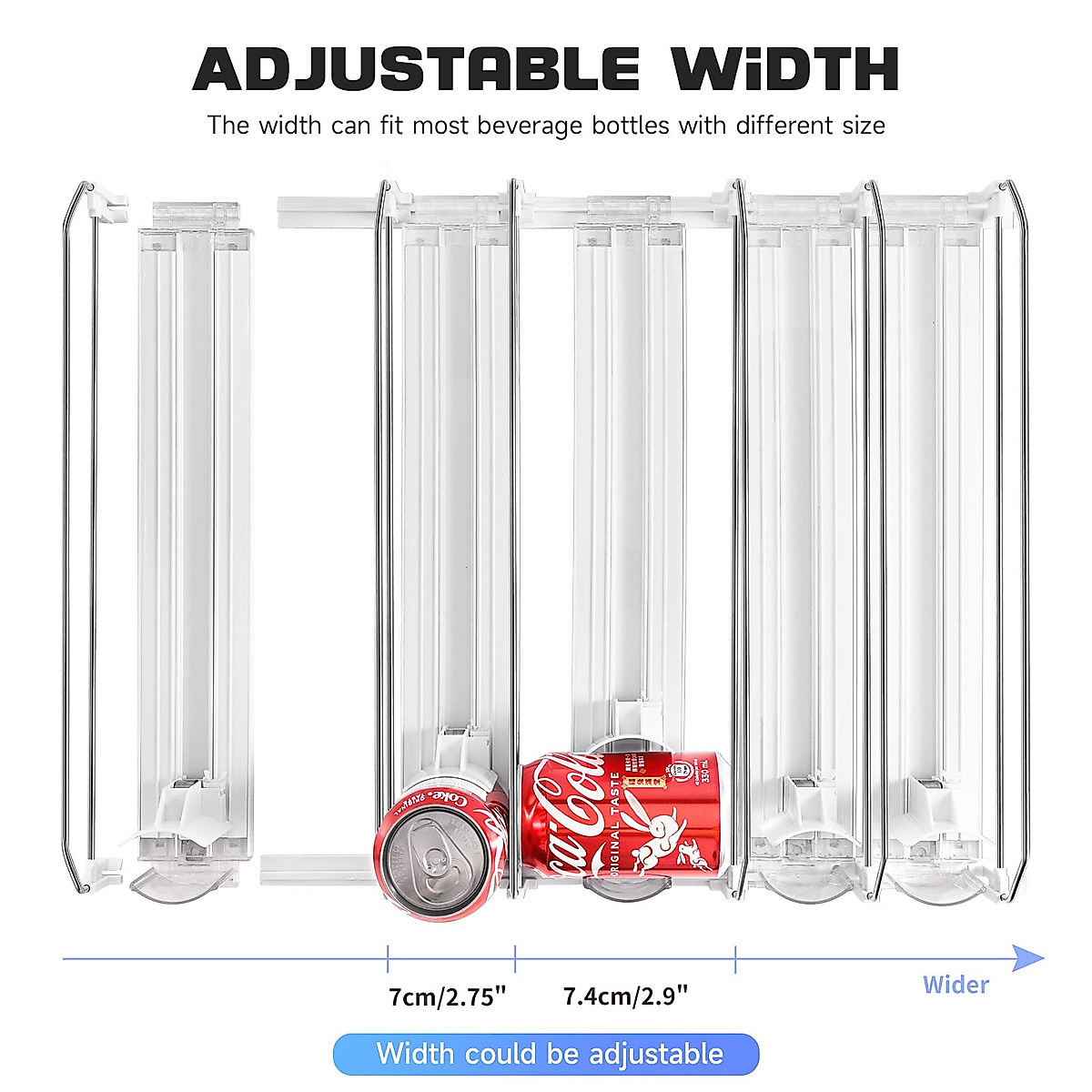 Upgrade Drink Organizer for Fridge, LAKIX Self-Sliding soda Can Dispenser for Refrigerator and Adjustable Width, 12oz to 20oz holds 50+ Cans (White + Black)