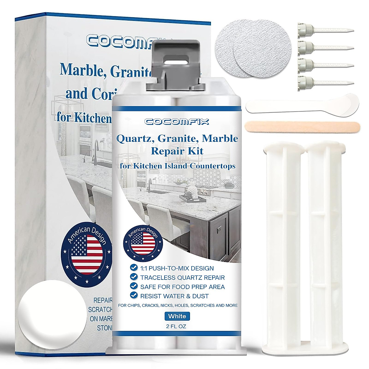 Quartz Countertop Chip Repair Kit(White), Traceless & Quickly Repair Edge Chip, Crack and Hole, Quartz Countertop Repair Kit for Quartz, Marble, Granite, Porcelain and Other Stone Surfaces, 59ml