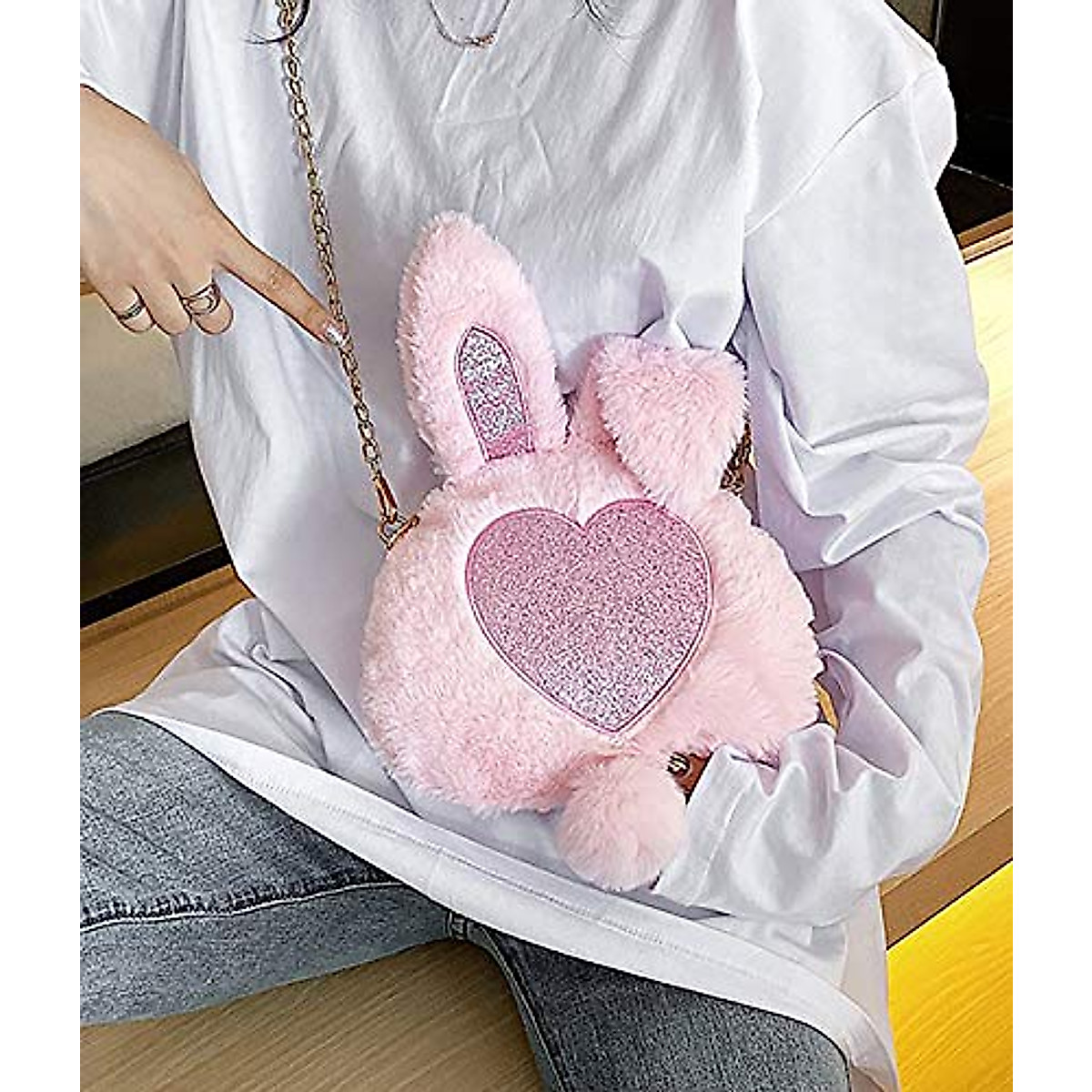 QZUnique Rabbit Shape Handbag Women's Lovely Plush Toy Crossbody Bag Rope Strap Shoulder Bag