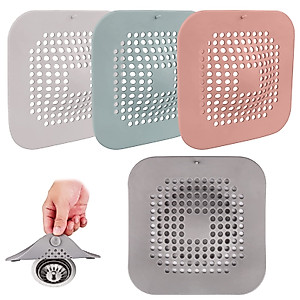 4 Pack Shower Drain Hair Catcher, Convex Silicone Hair Stopper for Shower Drain with Suction Cup, Square Bathtub Drain Cover for Bathroom, Bathtub, Kitchen
