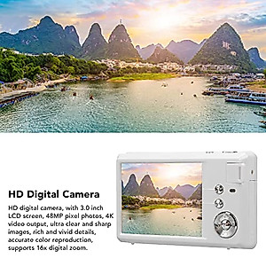 HD Digital Camera, 3.0in LCD, 48MP, 4K Video, 16X Zoom, Anti Shake, Beauty Mode, Portable with Fill Light for Teens Kids Beginners (White)