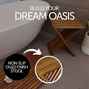 Nordic Style Assembled Bathroom, Spa Teak Wood Folding Stool and Seat 17.7" (Oiled)