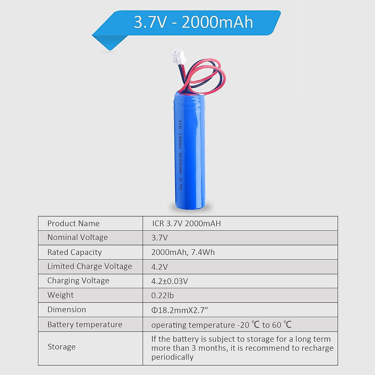 AUDEEKON 3.7Volt Lipo Battery 2000mAh Rechargeable Battery Pack with Wire and JST Connector, ICR18650 Battery 2000mah 3.7v Replacement Batteries for Electronics, Toys, Lighting, Equipment
