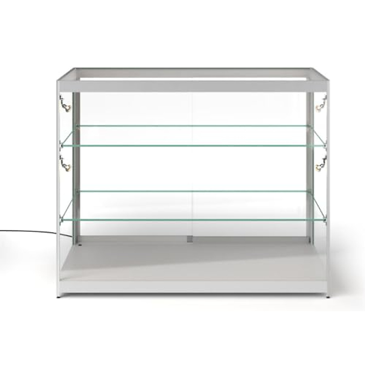 Displays2go Retail Display Counter with Lighting, Locking, Tempered Glass Shelves, Aluminum Frame – Clear, Silver (JBQCT48LED)