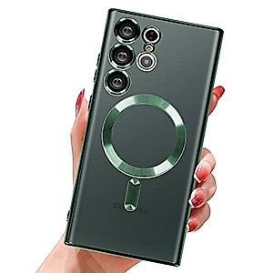 ZIYE Magnetic Clear Case for Samsung Galaxy S23 Ultra 5G with Camera Lens Protector, Compatible with MagSafe, electroplated Slim Shockproof Phone Protective Cover for Women & Men-Green