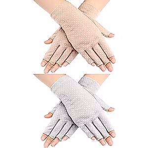 Maxdot 2 Pairs Sunblock Gloves Non Slip UV Protection Driving Gloves Summer Outdoor Gloves for Women and Girls (Gray and Khaki,Fingerless Style)