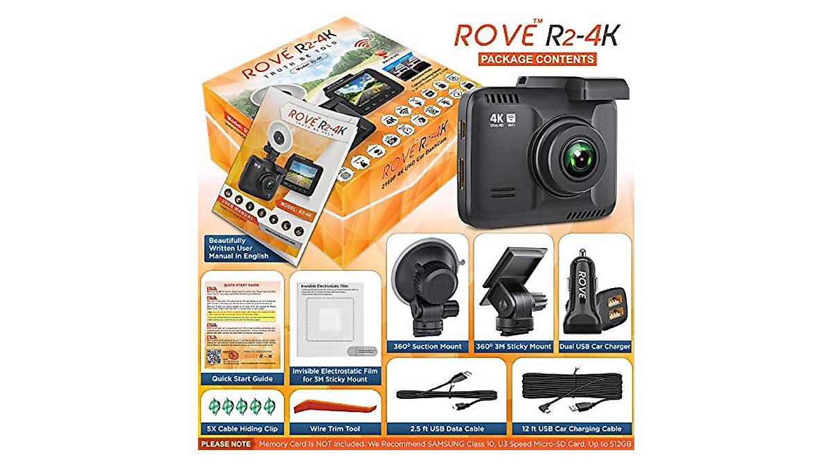 ROVE R2-4K Dash Cam Bundle with 512GB SD Card & Hardwire Kit