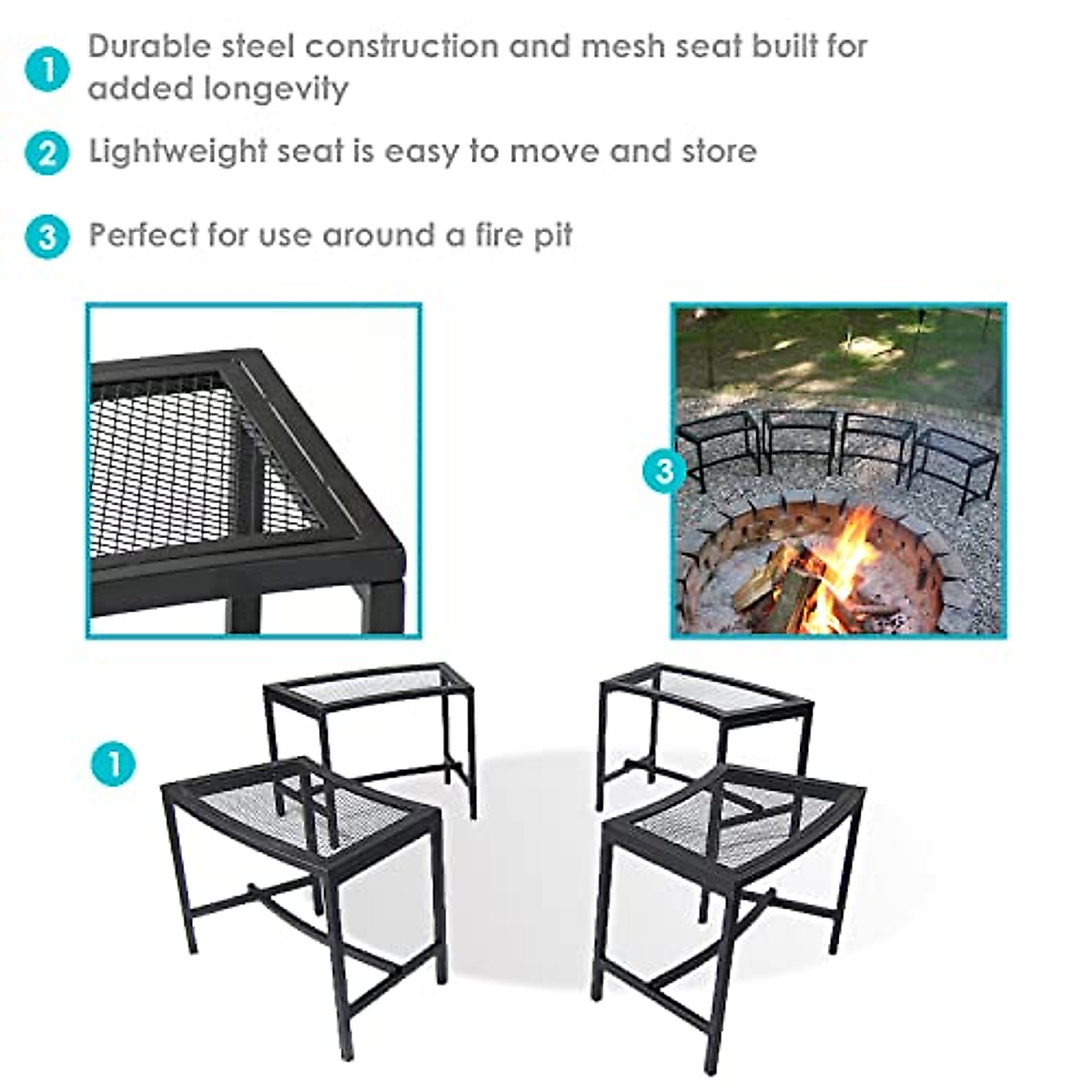 Sunnydaze Outdoor Curved Fire Pit Bench - Rustic Backyard Backless Powder-Coated Black Metal Mesh Garden, Patio, Porch and Deck Chair Seating - Set of 4