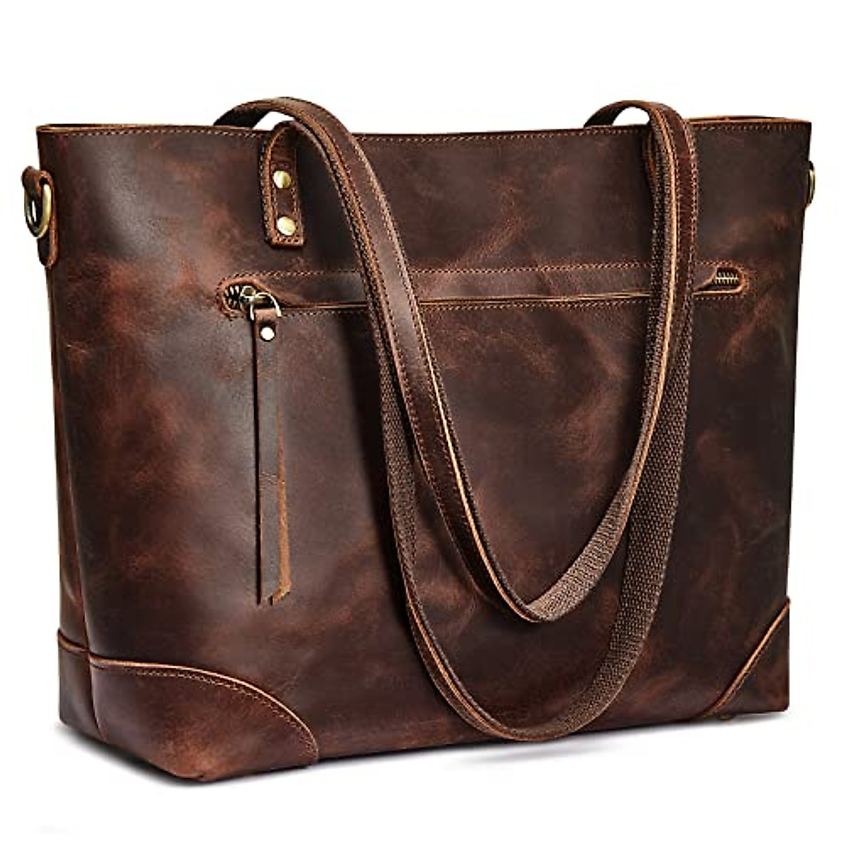 S-ZONE Genuine Leather Tote Bag for Women Work Shoulder Crossbody Purses Handbag with Outside Pockets