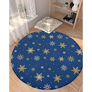 Navy Gold Snowflake Fluffy Round Area Rug Carpets 3.3ft, Plush Shaggy Carpet Soft Circular Rugs, Non-Slip Fuzzy Accent Floor Mat for Living Room Bedroom Nursery Decor Christmas Minimalist White Blue