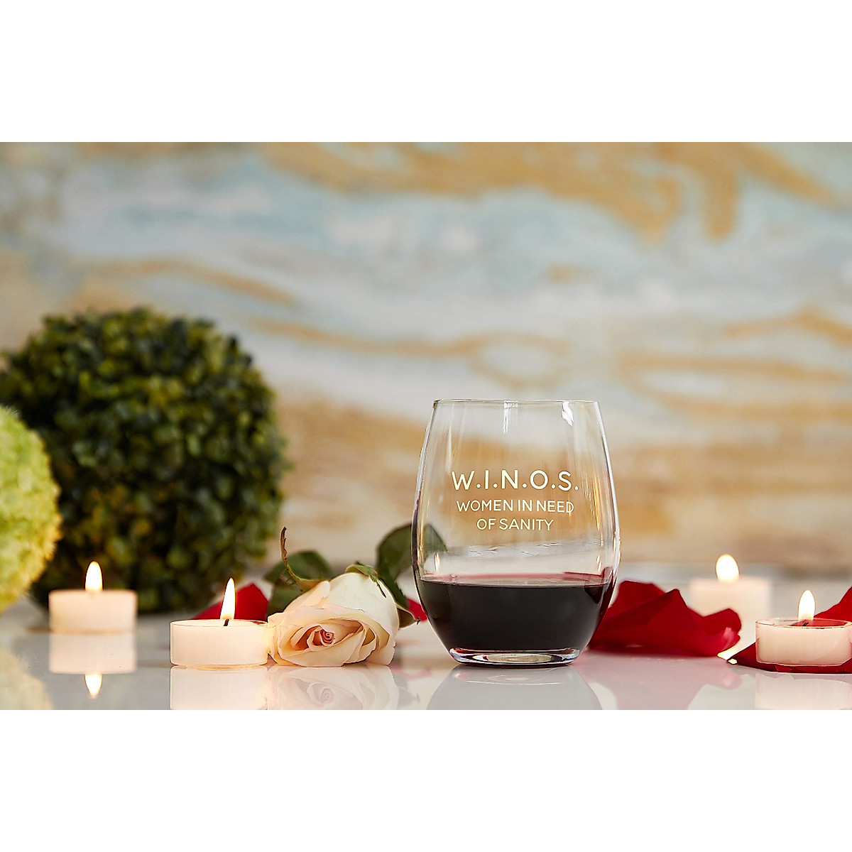 Lushy Wino – W.I.N.O.S. Women In Need Of Sanity Cute, Novelty, Etched Stemless 18-Ounce Wine Glass with Funny Sayings in Gift Box