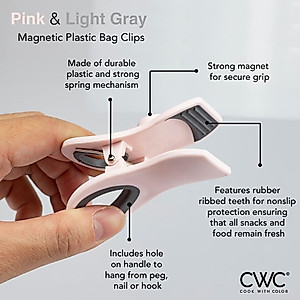 COOK WITH COLOR Bag Clips with Magnet- Food Clips, Chip Clips, Bag Clips for Food Storage with Airtight Seal Grip for Bread Bags, Snack Bags and Food Bags (Pink, Pack of 10)