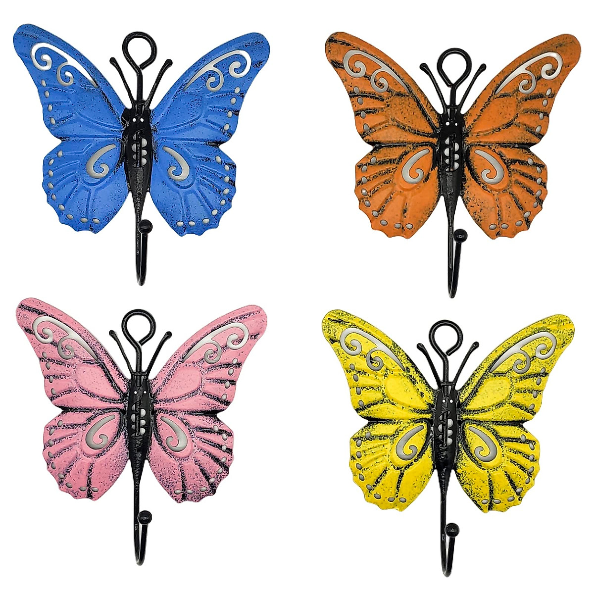 Snnshun 4 Pcs Butterfly Coat Hooks, Towel Wall Hooks Hanging, Room Wall Decoration Creative Sticky Hooks, Cute Iron Hook for Hanging Hats, Coats, Scarves, Bags, Keys