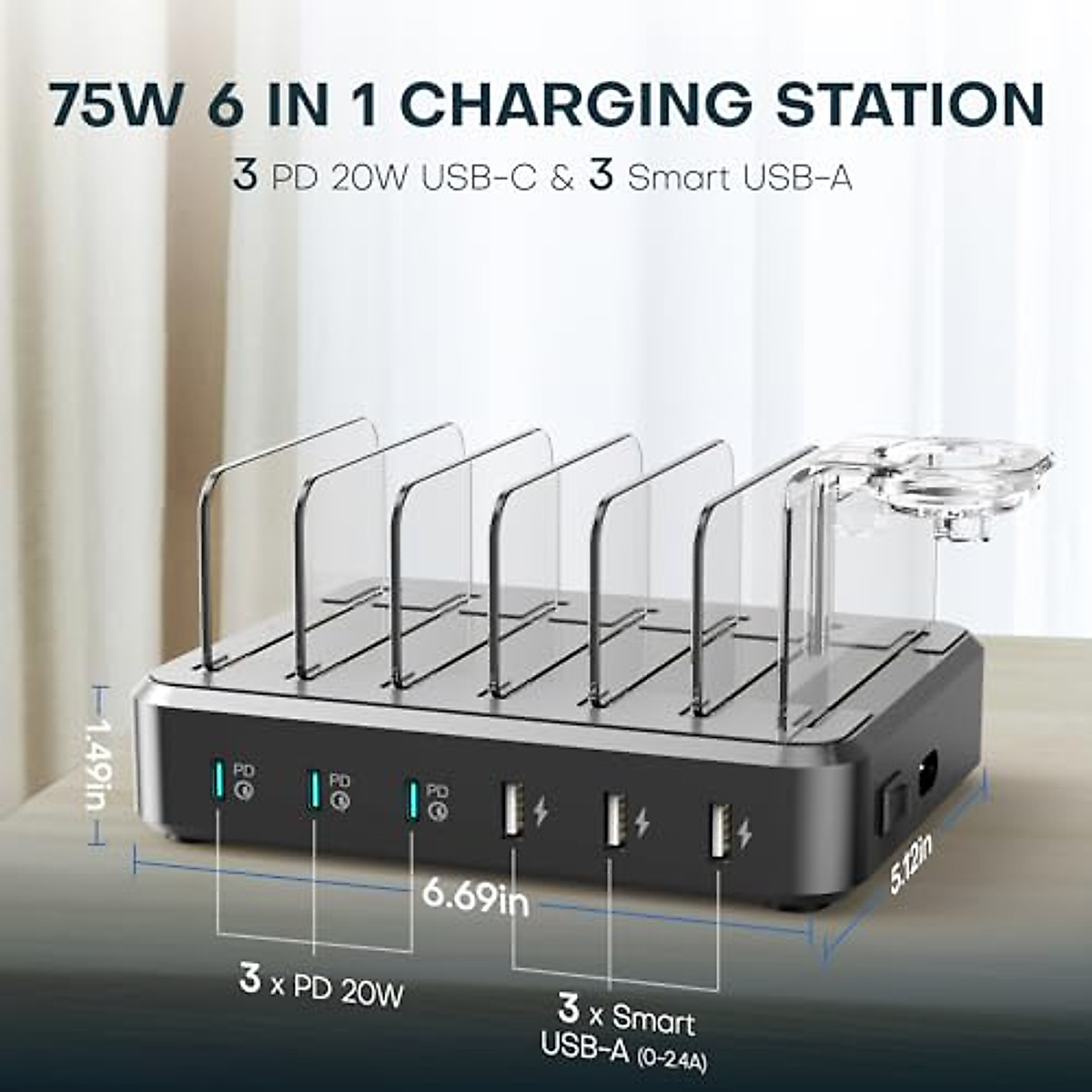 Charging Station for Multiple Devices,75W 6 Port Charger Station with 3 Powerful 20W PD USB-C Ports,7 Charging Cables,USB Charging Dock Compatible with iPhone iPad,Tablets Android