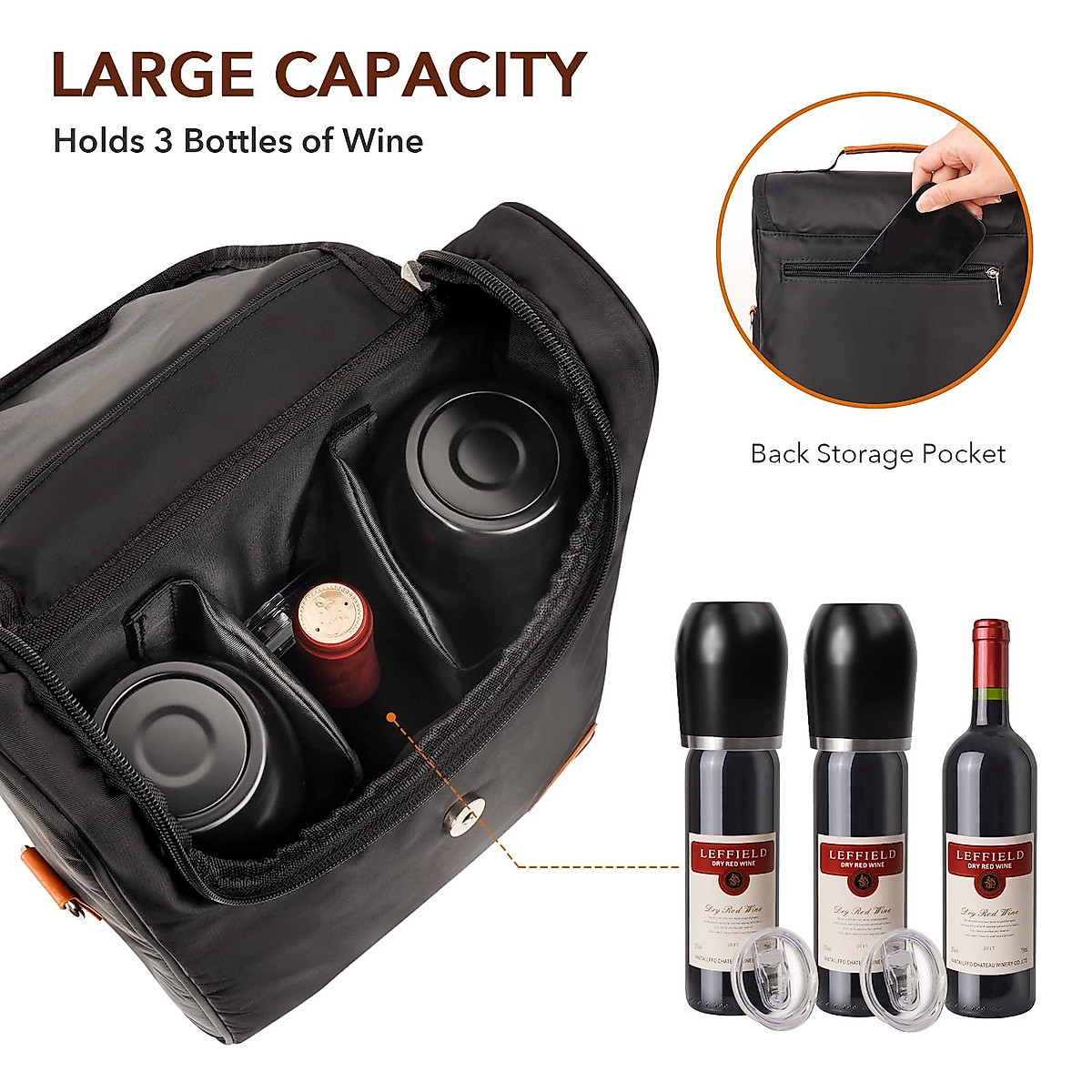 Philiva 3 Bottle Wine Tote Bag with Wine Tumblers and Wine Opener, Wine Gifts for Women, Portable Wine Carrier Purse with Shoulder Strap for Travel/Picnic/Beach/Pool/Events/Hiking, Black