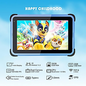 CWOWDEFU Kids Tablet 7 Inch,Android WiFi Tablet for Children,IPS HD Screen,2GB RAM 32GB ROM TF Up to 128GB,2MP+5MP,Parental Control,Kid-Proof Case with Stand,Blue
