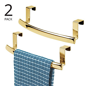 mDesign Steel Over Door Curved Towel Bar Storage, Hanger for Cabinet or Cupboard, Holder Rack for Kitchen, Bathroom - Holds Hand/Dish Towels, Washcloths - Spira Collection - 2 Pack - Soft Brass
