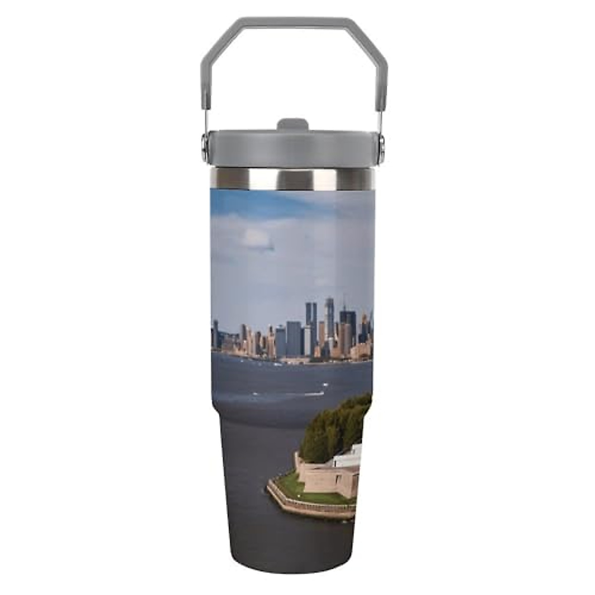BWQJKUO Large Capacity Car Cup 30 Oz Stainless Steel Statue of Liberty in NYC Printed Travel Mug Leak-proof Flip Straw Tumbler with Handle,keeps Cold Or Ho