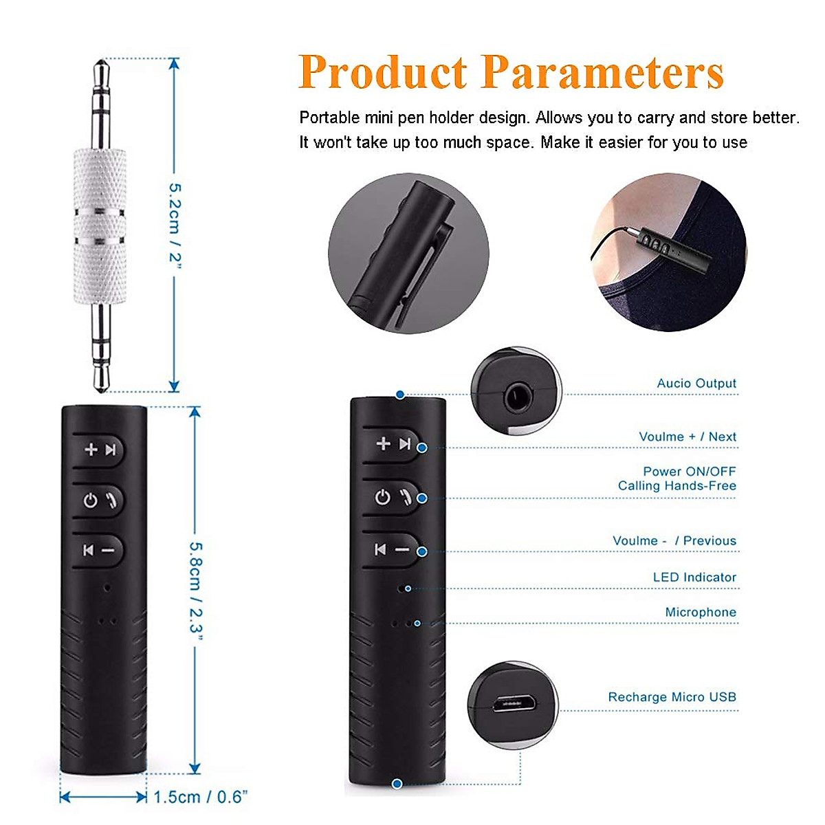 Bluetooth V5.0 Output Audio Receiver, KINDRM Mini Wireless 3.5mm Jack Aux Adapter Portable for Headphones, Speakers, Car/Home Stereo System(Black)