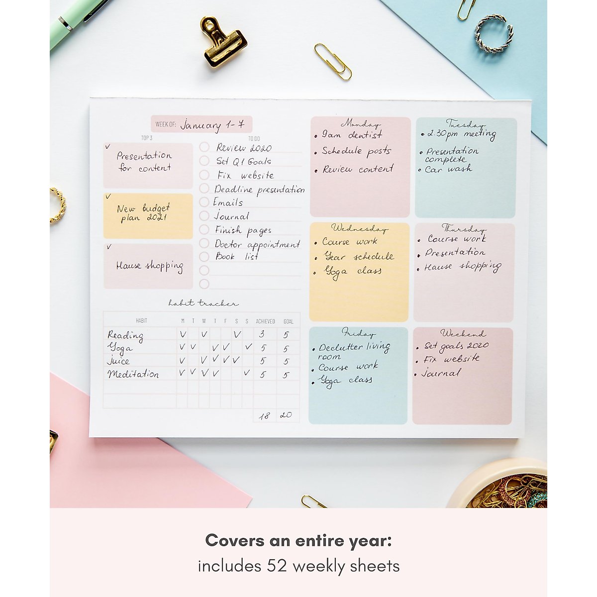 Weekly Planner Notepad Tear Off – 52 Undated Weekly Sheets Daily To Do List Notepad, Habit Tracker, Academic Planner Notebook, Daily Work Planner- Full Year Productivity Planner Weekly To Do List Pad