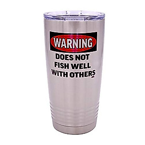 Rogue River Tactical Large Funny Fishing 20 Ounce Travel Tumbler Mug Cup w/Lid Warning Does Not Fish Well With Others Fishing Gift Fish