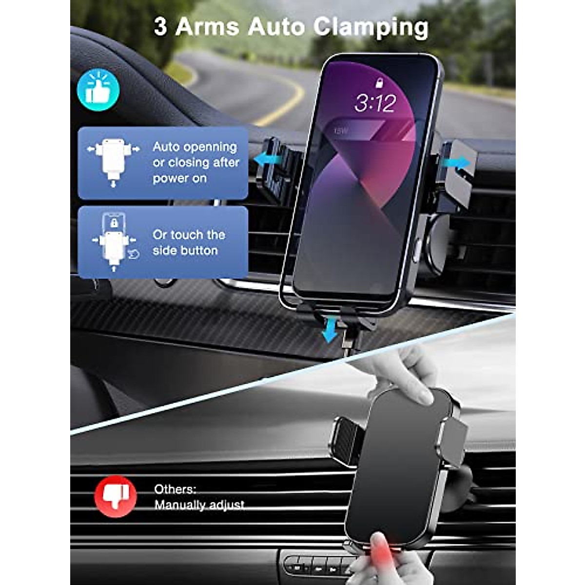 Wireless Car Charger, MOKPR Auto-Clamping Car Mount 15W/10W/7.5W Fast Charging Air Vent Car Phone Mount Compatible with iPhone 14/13/13 Pro/12 Pro Max/12 pro/12/11/10/8 Series, Samsung Galaxy Series