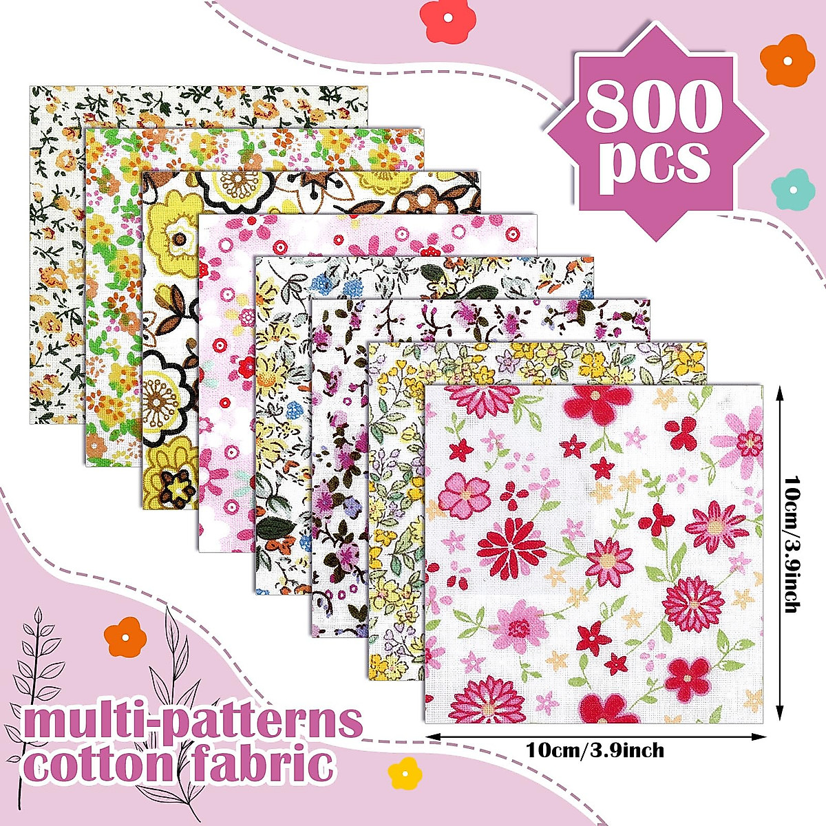 Ganeen 800Pcs 4 x 4 Inch Cotton Fabric Bundle Precut Fat Squares Patchwork Fabrics Cotton Printed Craft Fabric Fat Flower Fabric Quilting for DIY Craft Sewing Clothing Handmade Accessories (Assorted)