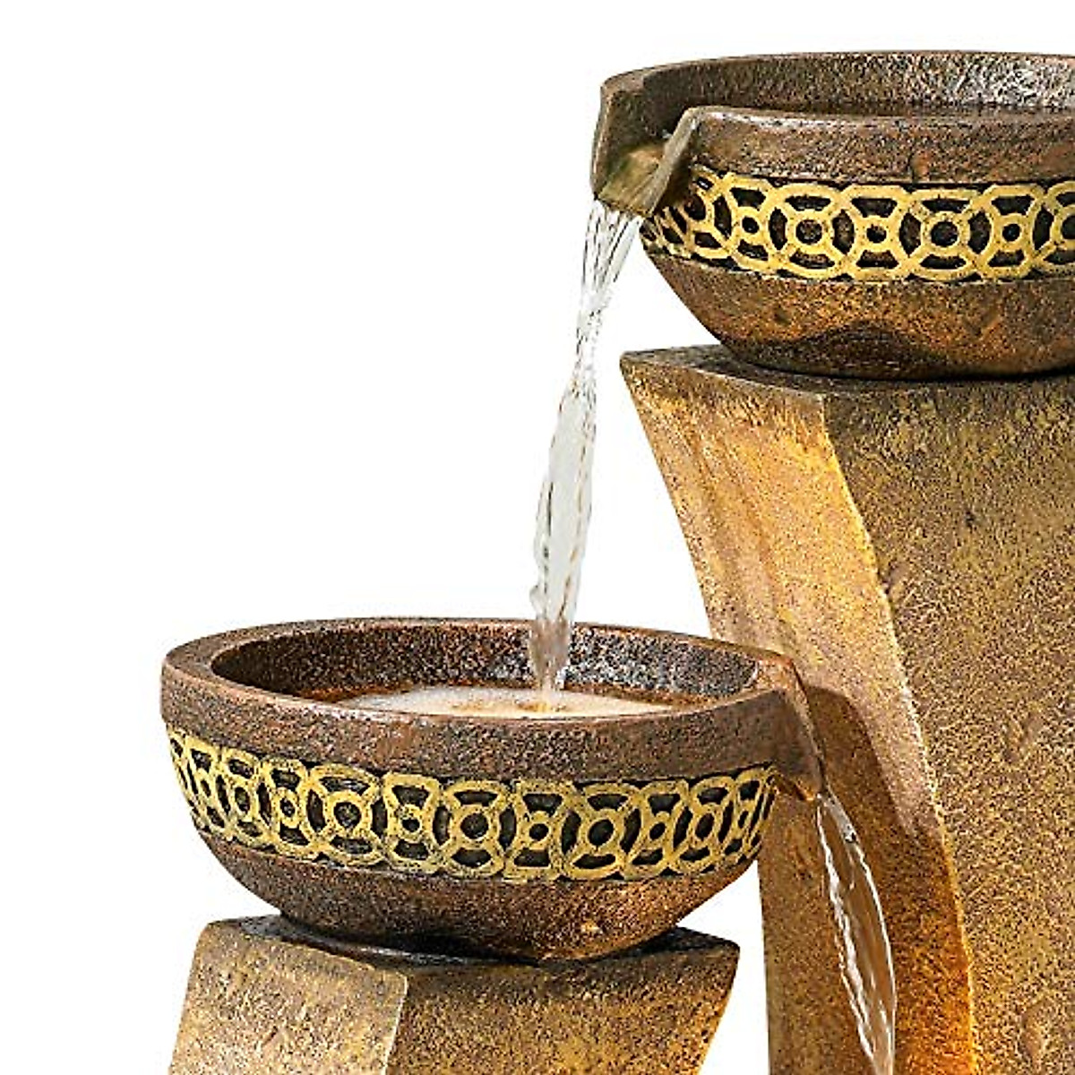 Four Bowl Modern Rustic Outdoor Cascading Floor Water Fountain with LED Light Faux Stone 41" for Yard Garden Patio Backyard Deck Home Lawn Porch House Exterior Balcony - John Timberland