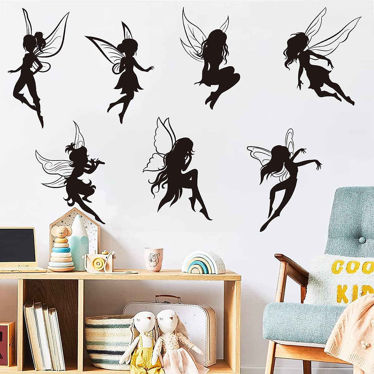 WOYINIS Black Fairy Girls Room Wall Decal DIY Cute Fairy with Large Wings Silhouette Wall Stickers Murals Decor Peel & Stick Baby Nursery Room Kids Bedroom Playroom Wall Decoration