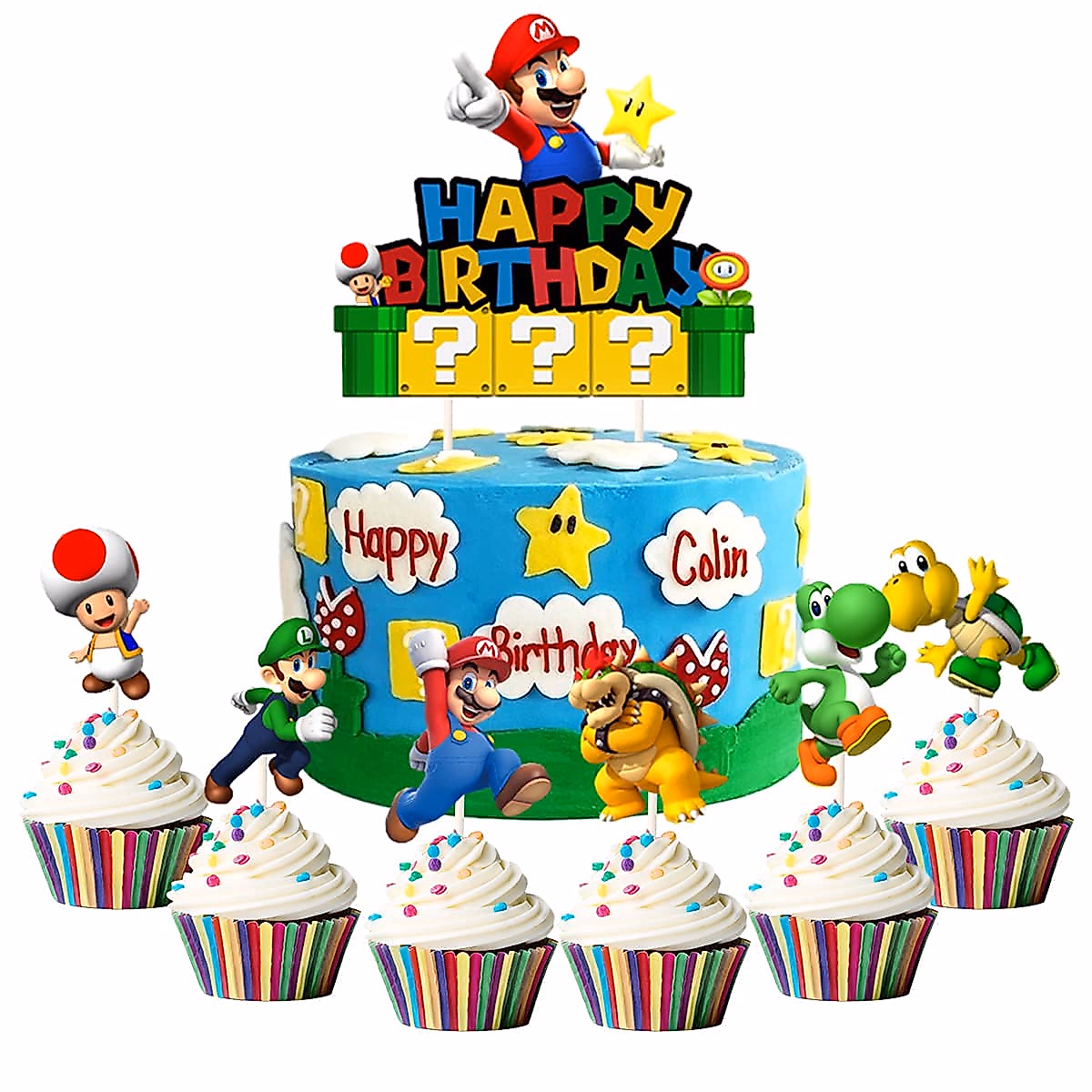 7pcs Acrylic Super Mario Happy Birthday, Mario Bros Smash Cake Topper, Party Supplies for Children