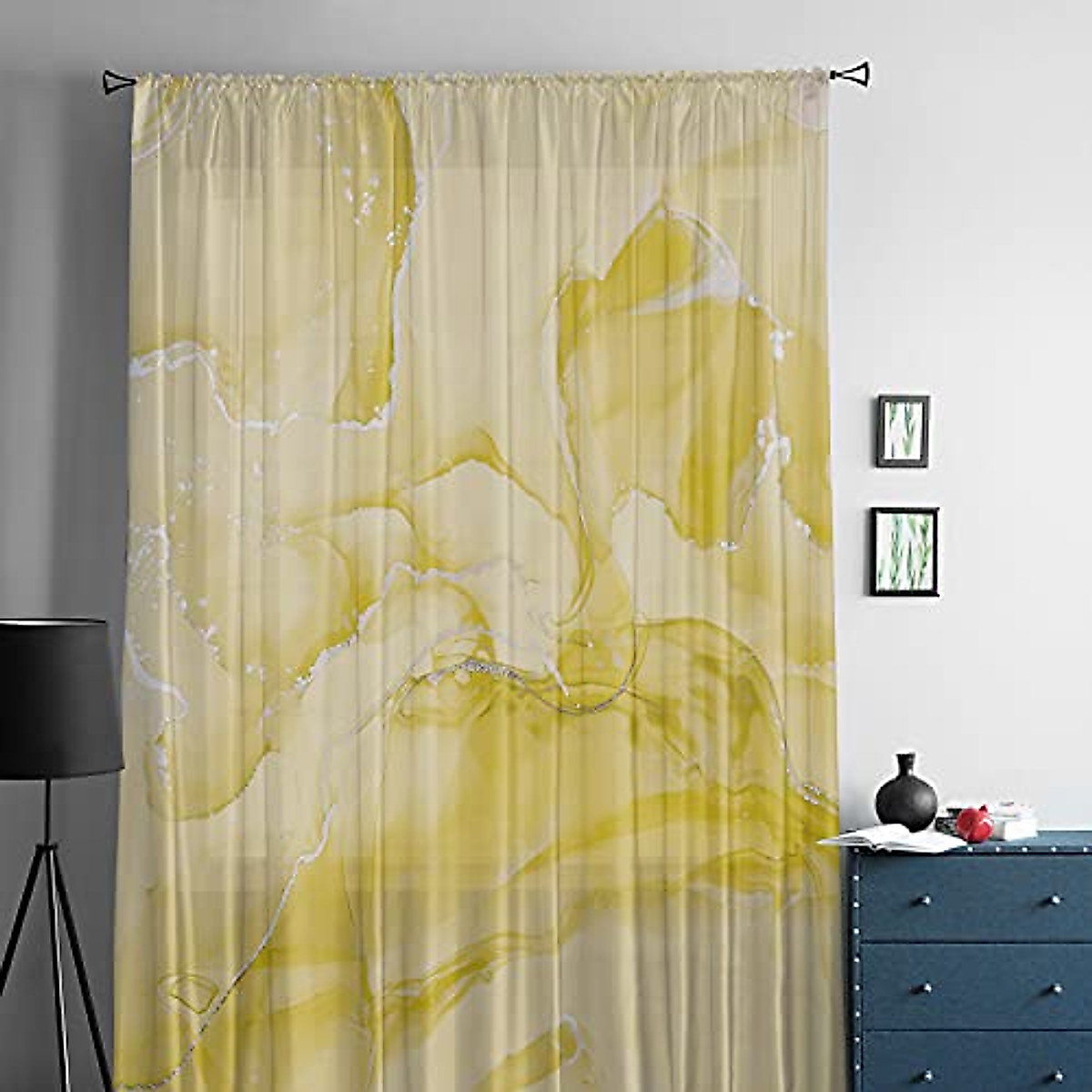 Chiffon Sheer Curtains & Drapes 45 Inch Long, Lightweight Breathable Voile Window Curtain Panels Yellow Marble with Gold Silver Glitter Splatter Curtains Backdrop Drapes for Bedroom Livingroom Wedding