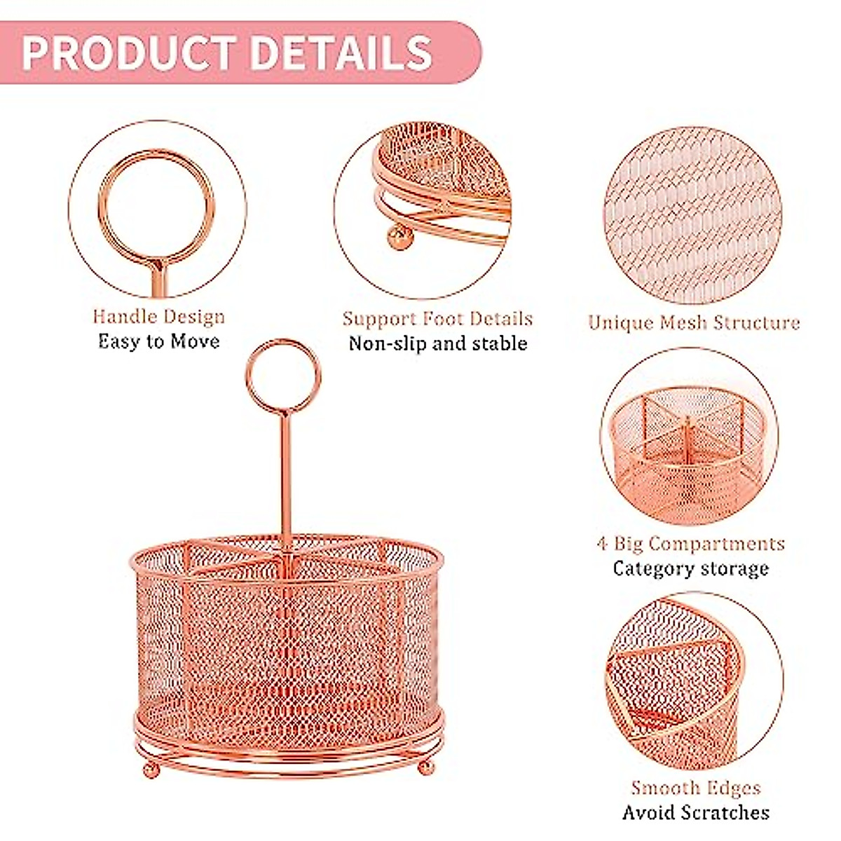 Spacrea Pen Holder for Desk - 360°Degree Rotating Pen Organizer, Desk Organizer with 4 Compartments, Pencil Holder for Desk, For School, Classroom, Office, Art Supplies(Rose Gold)