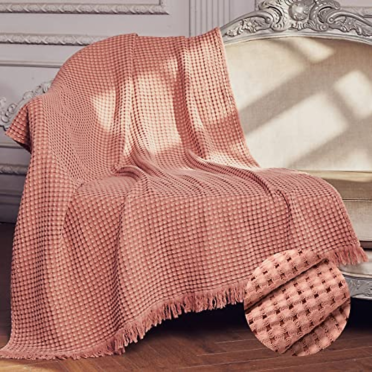 Amélie Home 100% Cotton Waffle Knit Throw Blanket, Soft Lightweight Blanket with Tassels, Decorative Breathable Textured Throw Blankets for Couch Bed Sofa, 50x60, Coral