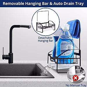 Forprim Kitchen Sink Caddy Sponge Holder,Kitchen Sink Organizer with Auto Drip Tray,Stainless Steel Dish Sponge Holder for Kitchen Sink Countertop with Detachable Dish Towel Bar (Black)