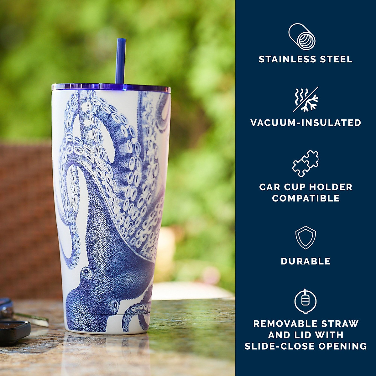 Caskata Lucy the Octopus Stainless Steel Insulated Tumbler | Cup, Lid & Straw Set for Travel, Commuting, & School | Perfect for Birthday, Christmas & Holiday Gifts | Blue on White Color | 30 oz