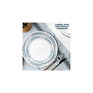 Corelle Ocean Blues 16pc, Service for 4, Dinnerware Set, 8 Plates 8 Bowls, Chip & Break Resistant, Dinner Plates and Dinner Bowls, Corelleware Plates, White