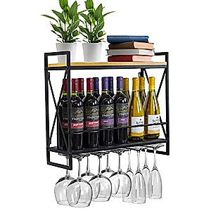 Sorbus Wine Bottle Stemware Glass Rack, Industrial 2-Tier Wood Shelf, Wall Mounted Wine Racks with 5 Stem Glass Holders for Wine Glasses, Flutes, Mugs, Home Décor, Metal