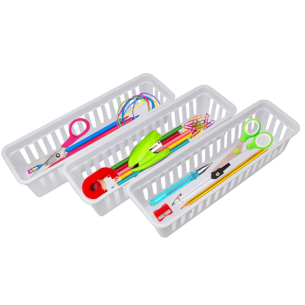 FEOOWV Classroom Pencil or Rubber Organizer Basket Trays, Office Supply Baskets Organization Trays for Home School Classroom Office 12 Pack (White)