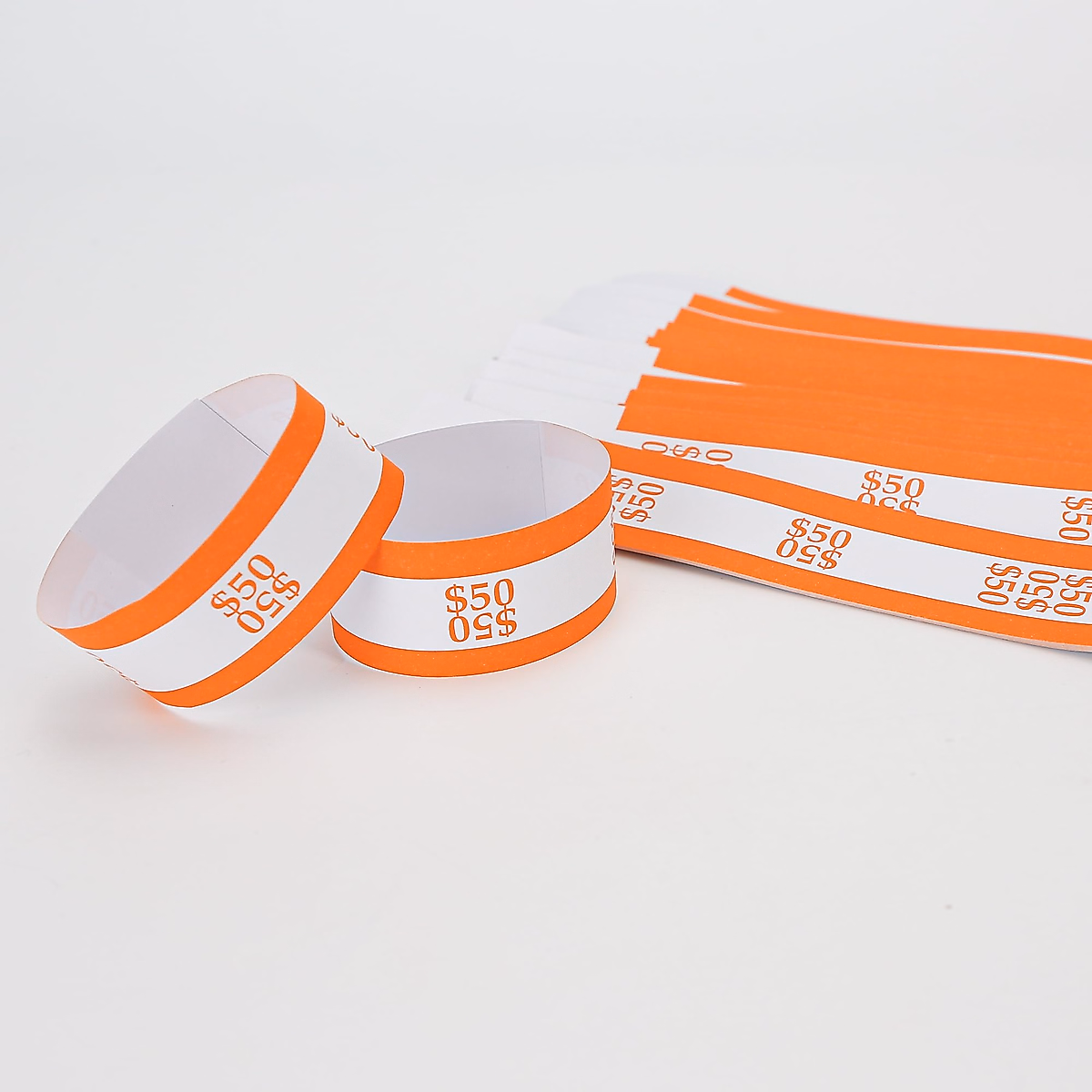 Self-Sealing Currency Straps - Pack of 100 Orange Bands for $50 Bills - Securely Organize and Transport Your Cash