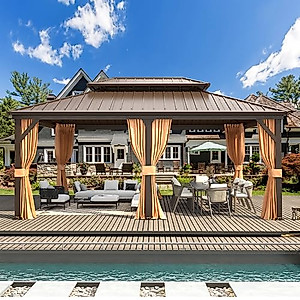 MELLCOM 12'x18' Hardtop Gazebo, Galvanized Steel Metal Double Roof Aluminum Gazebo with Curtain and Netting, Brown Permanent Pavilion Gazebo for Patio, Lawn & Garden