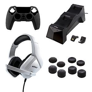 Deluxe Master Pak for PlayStation®5 | Dual Controller Charge Base | High Quality Wired Ergonomic Headset Designed for Over Ears | Silicone Grip Controller Cover and 8 Thumb stick Caps