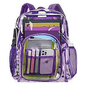 MCWTH Clear Backpack Heavy Duty PVC Plastic Transparent Backpacks School College Bookbag (Purple)