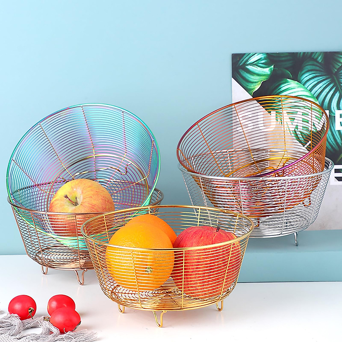 Meisha Round Fruit Bowl, Creative Mesh Fruit Dish Basket Bowl, Round Rainbow Large Metal Wire Storage Baskets, Modern Style Container for Fruit, Vegetables, Bread, Snacks - 8.46" Diameter