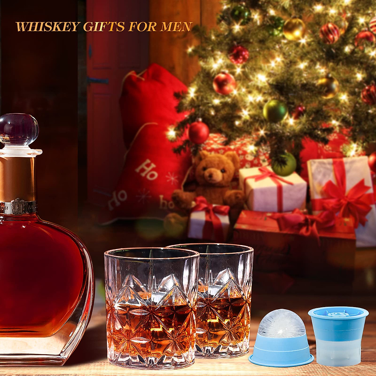 veecom Whiskey Glasses, Whiskey Glass Set of 2 with Ice Molds, 10 OZ Crystal Rocks Glass, Old Fashioned Bourbon Glass for Cocktail, Scotch, Cognac, Vodka, Whiskey Gifts for Men, Fathers Day