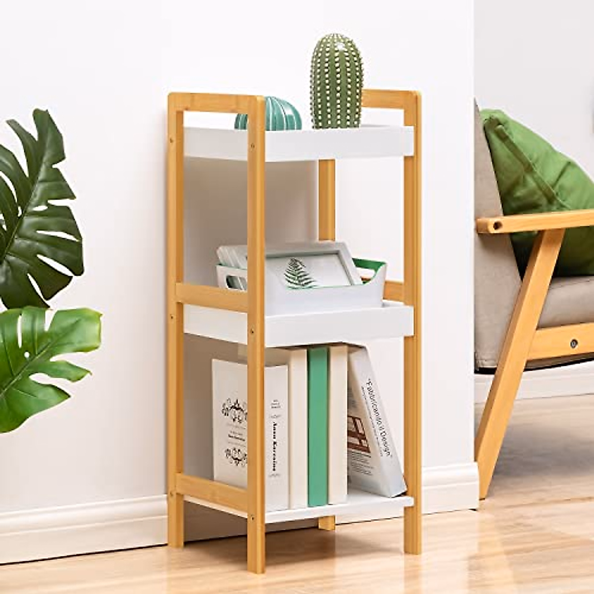 MoNiBloom 3 Tier Small Bookcase, Bamboo Standing Storage Bookshelf Kids Open Shelf Organizer Display Rack Table for Bathroom Bedroom Office Living Room, Natural/White