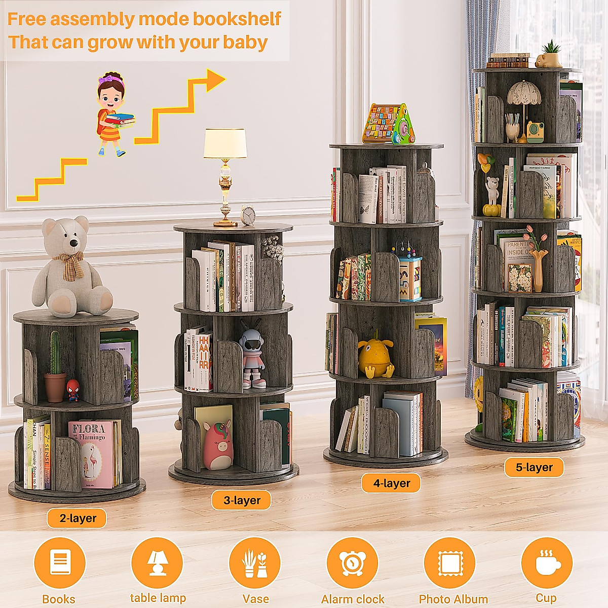 Aheaplus Rotating Bookshelf, 360 Display Wood Spinning Bookshelf Tower, 5 Tier Floor Standing Bookcase Storage Rack, Revolving Bookcase Corner Bookshelf for Small Space, Bedroom, Study Room,Black Oak