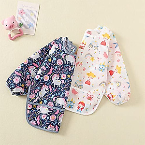 Hafftnun 5pcs Set Long Sleeve Waterproof Bib Full Coverage Apron Bib Smock Toddler Bibs with Pocket 6-30 Months