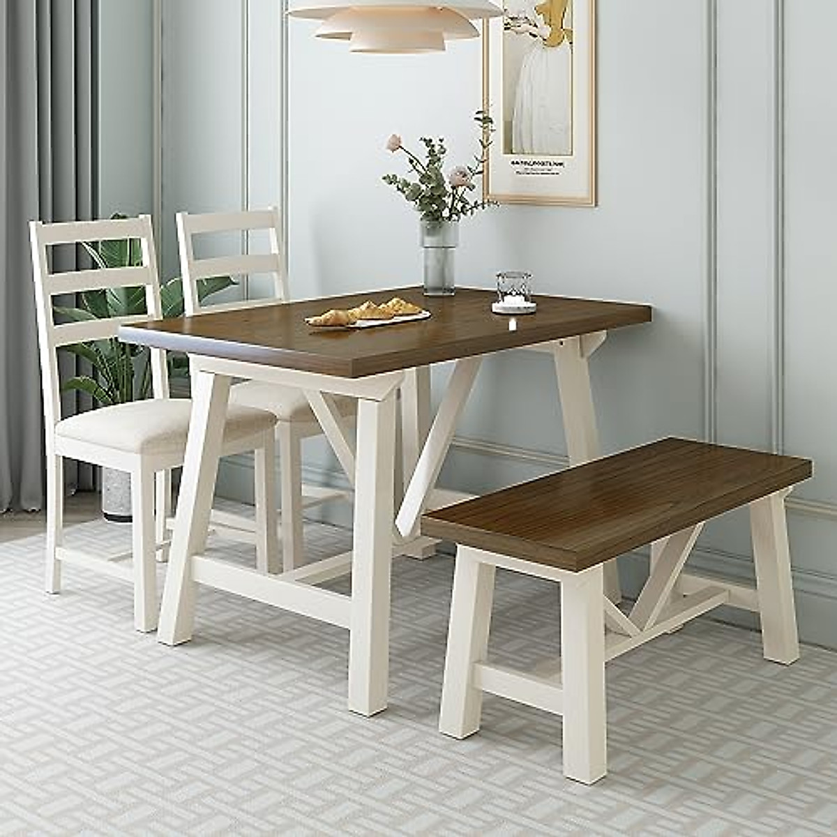 LUMISOL 4 Piece Dining Table Set with Bench for Small Space Solid Wood Kitchen Dining Room Set for 4 Persons, Farmhouse Rustic Dining Set